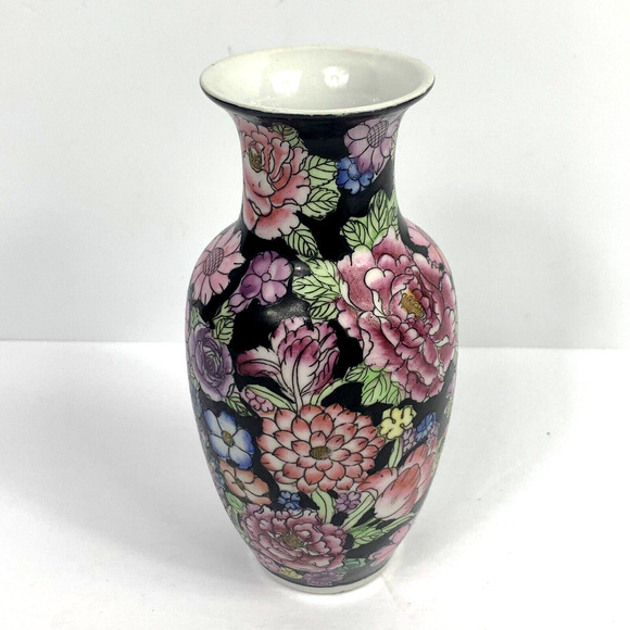 WEBI | Accents | Chintz Small Vase Chinese Ceramic Pottery Black Pink Purple Blue Floral Asian ...